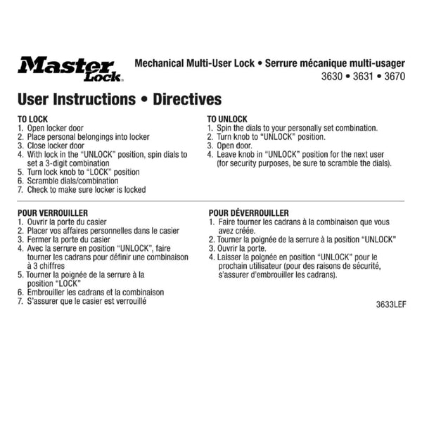 Master Lock 3633 User Instruction Magnets for 3630 Series Locker Locks ...